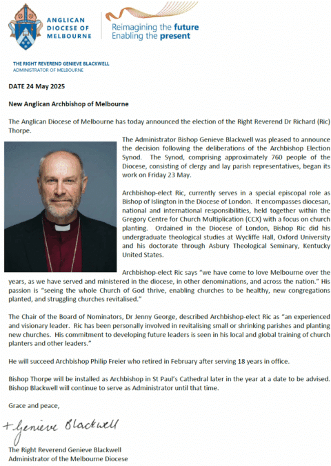 Bishop Ric Thorpe elected next Archbishop of Melbourne | Anglican ...
